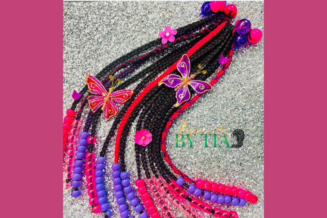 Braided Ponytail With Beads & Butterflies: Black and Red Synthetic ...