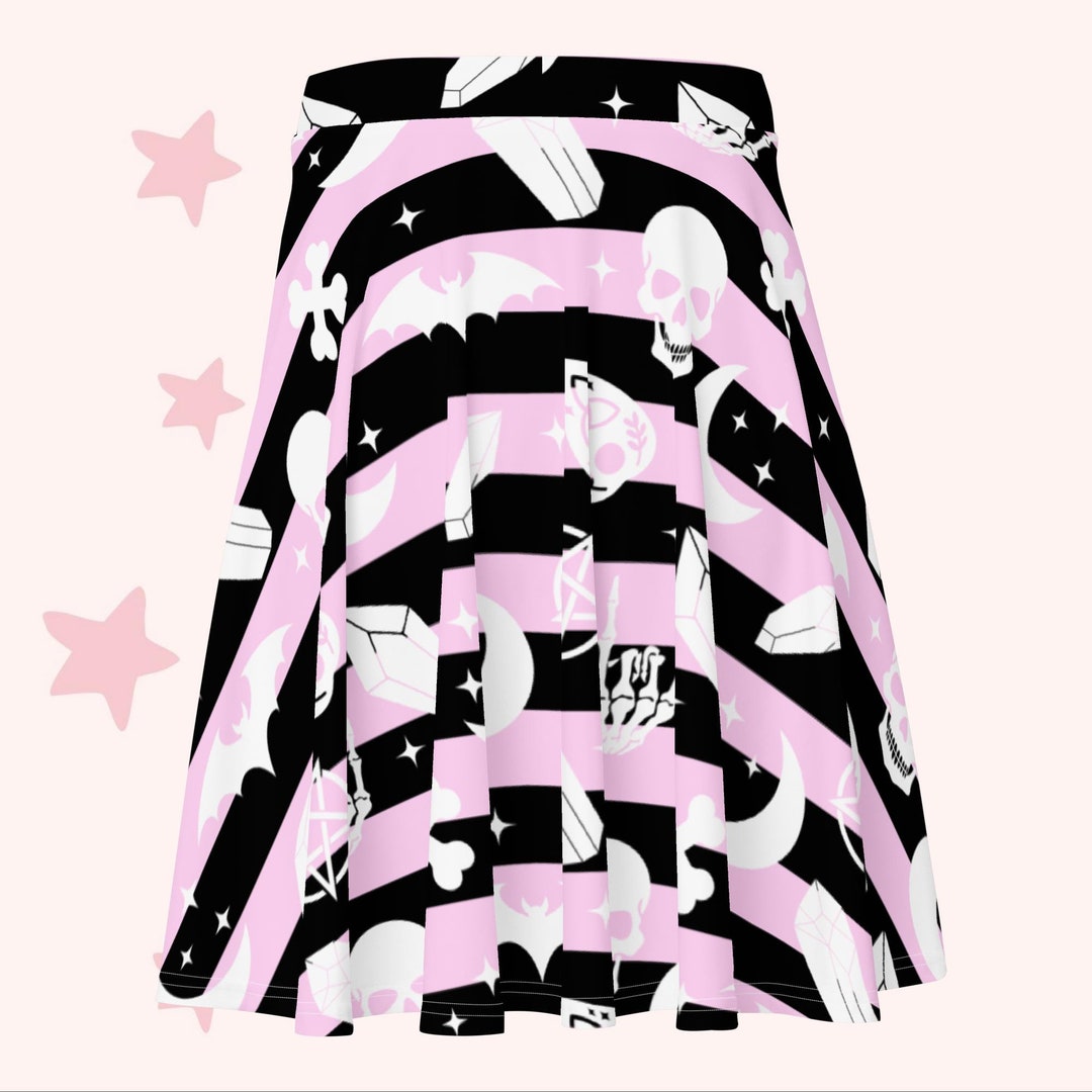 Kawaii Pastel Goth Skater Skirt, White Pink and Black, Skulls, Skeleton ...