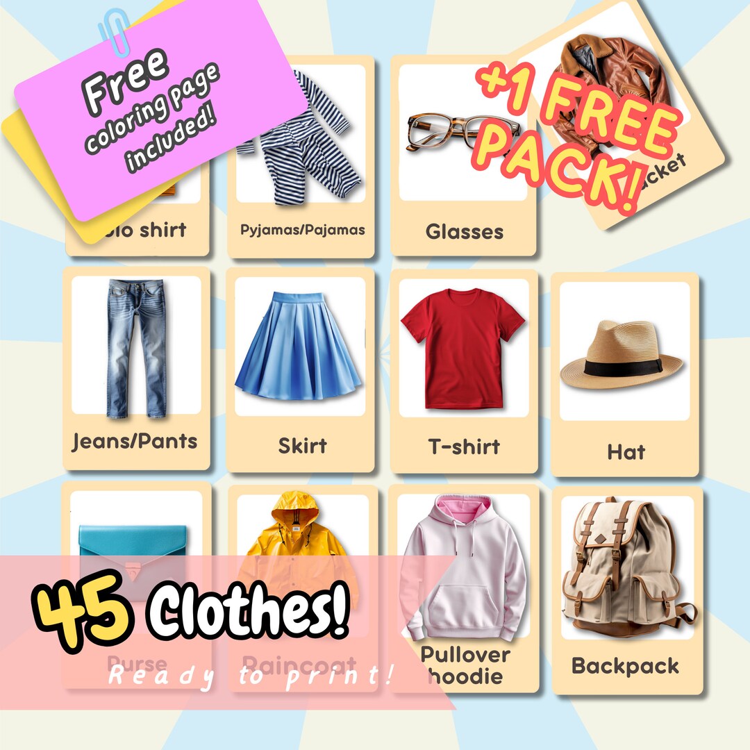 CLOTHES and ACCESSORIES realistic 45 Flashcards Clothing Flash Cards ...