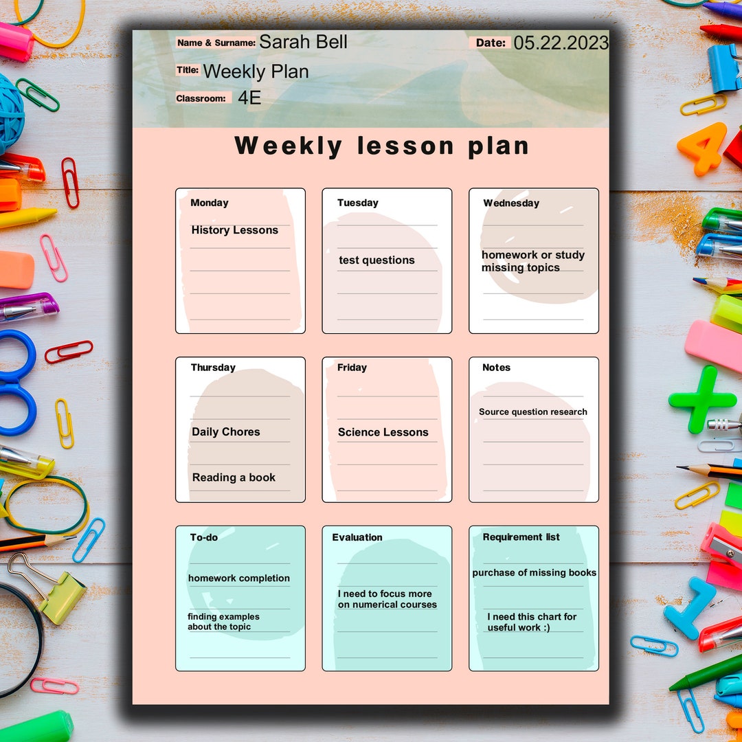Weekly School Kids Calendar, Printable Visual Lesson Schedule, Kids ...