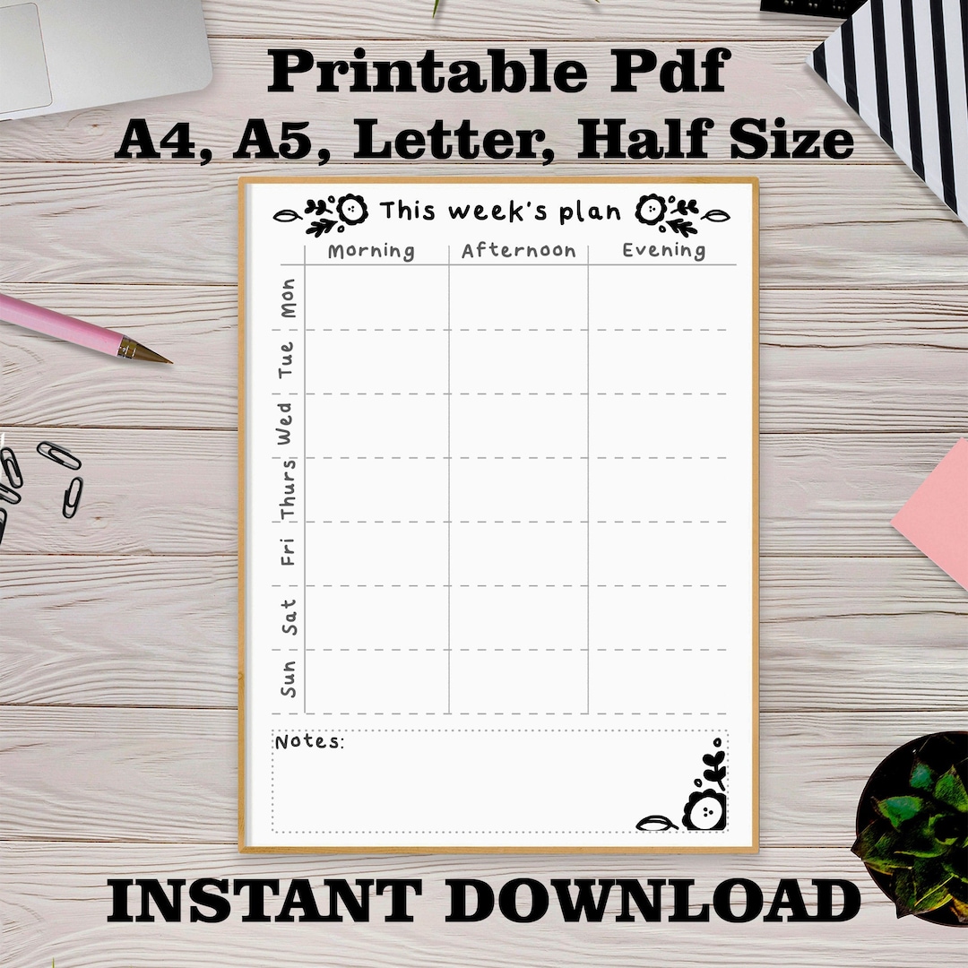 Weekly Planner Printable, Minimalist Weekly Schedule, Week at a Glance ...