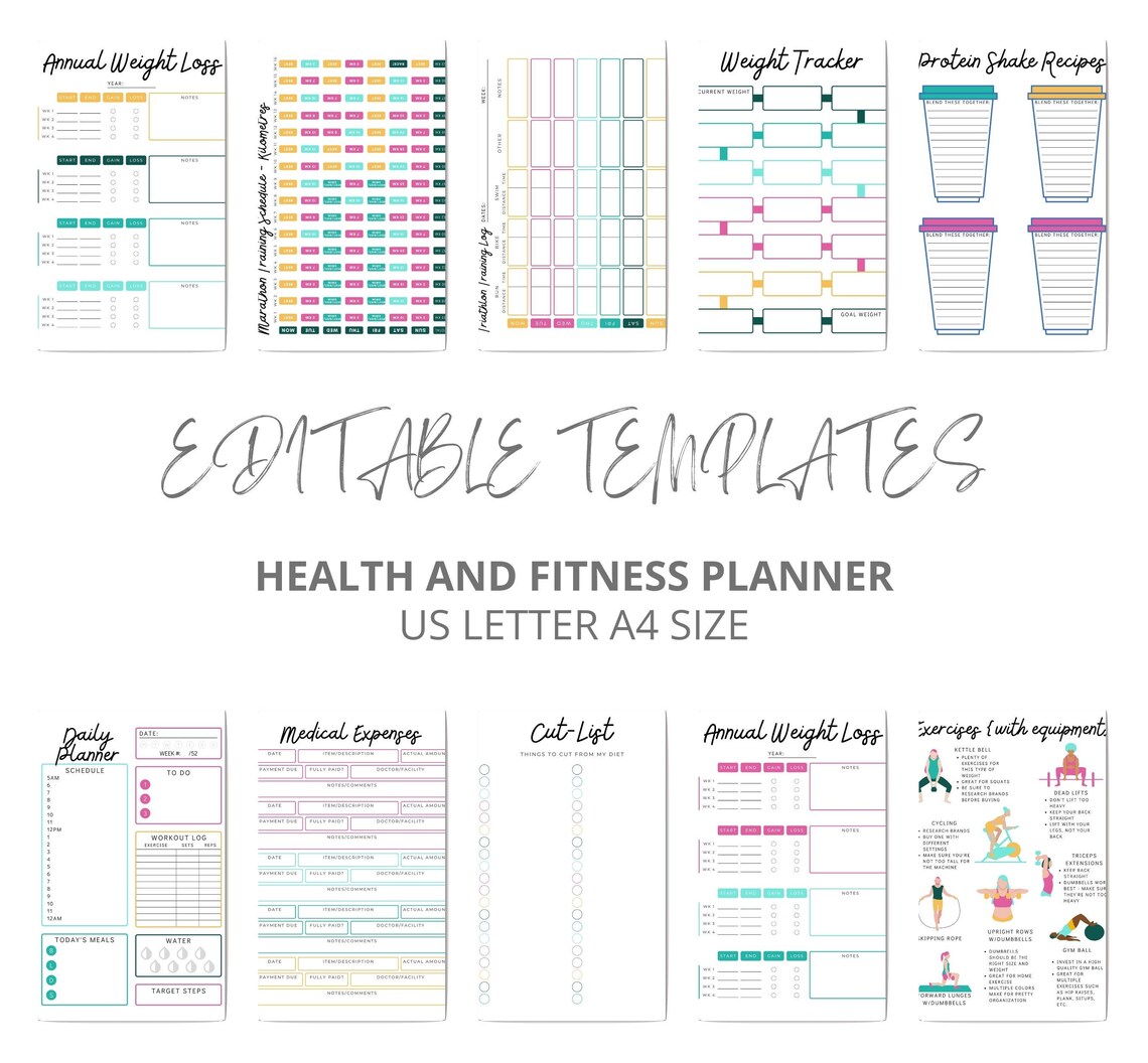 Editable Workout Planner Template, Fitness Planner, Weight Loss Tracker ...