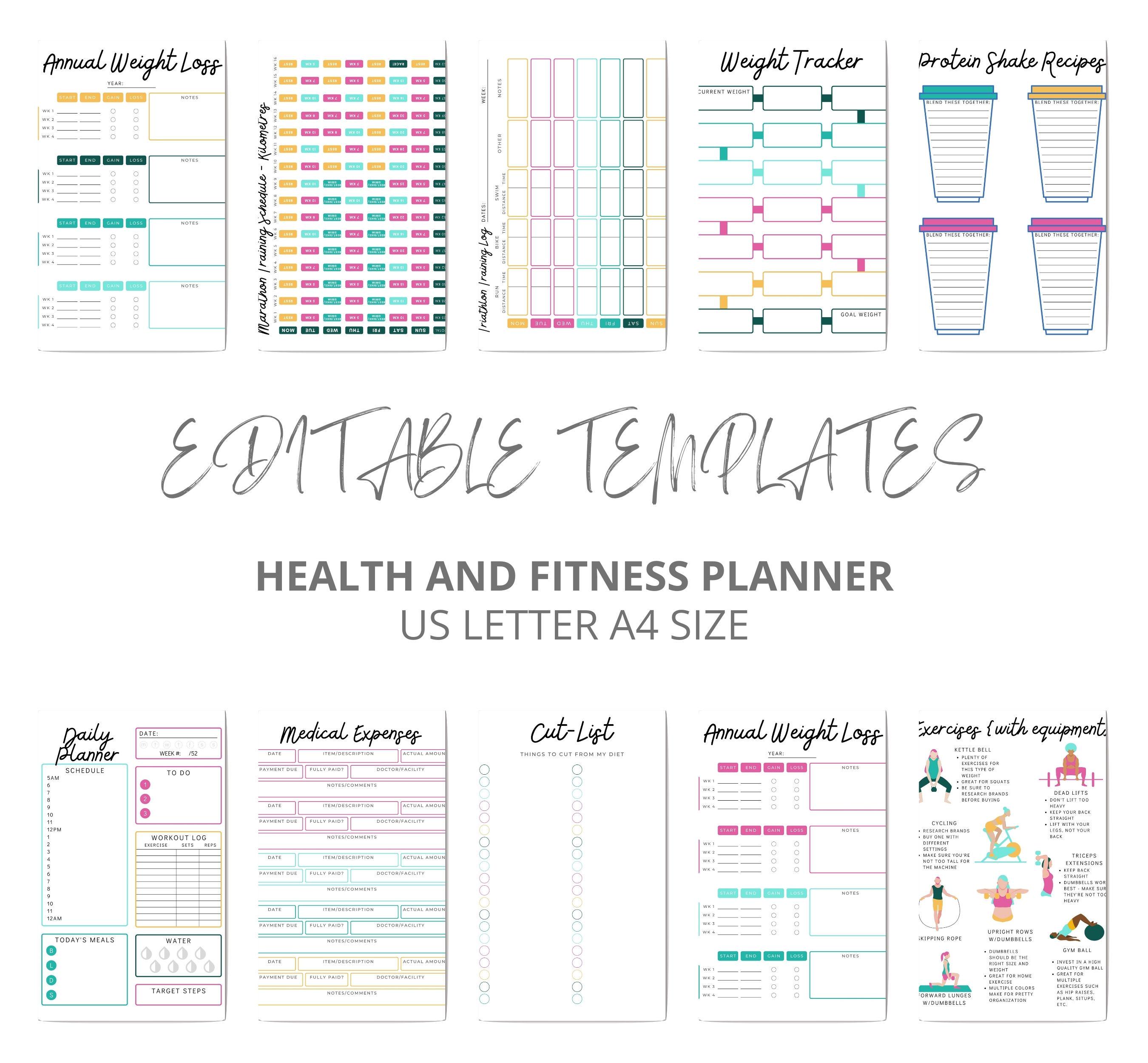 Editable Workout Planner Template, Fitness Planner, Weight Loss Tracker ...
