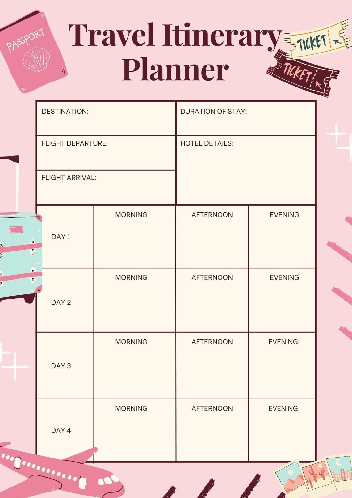 Pink Travel Itinerary Planner | Printable Digital Download | Vacation ...