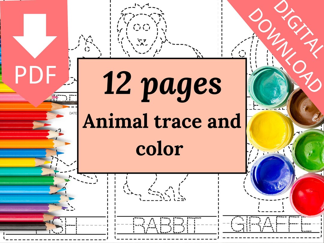 Trace and Color Animals, 12-page Printable, Fun Tracing, Coloring ...
