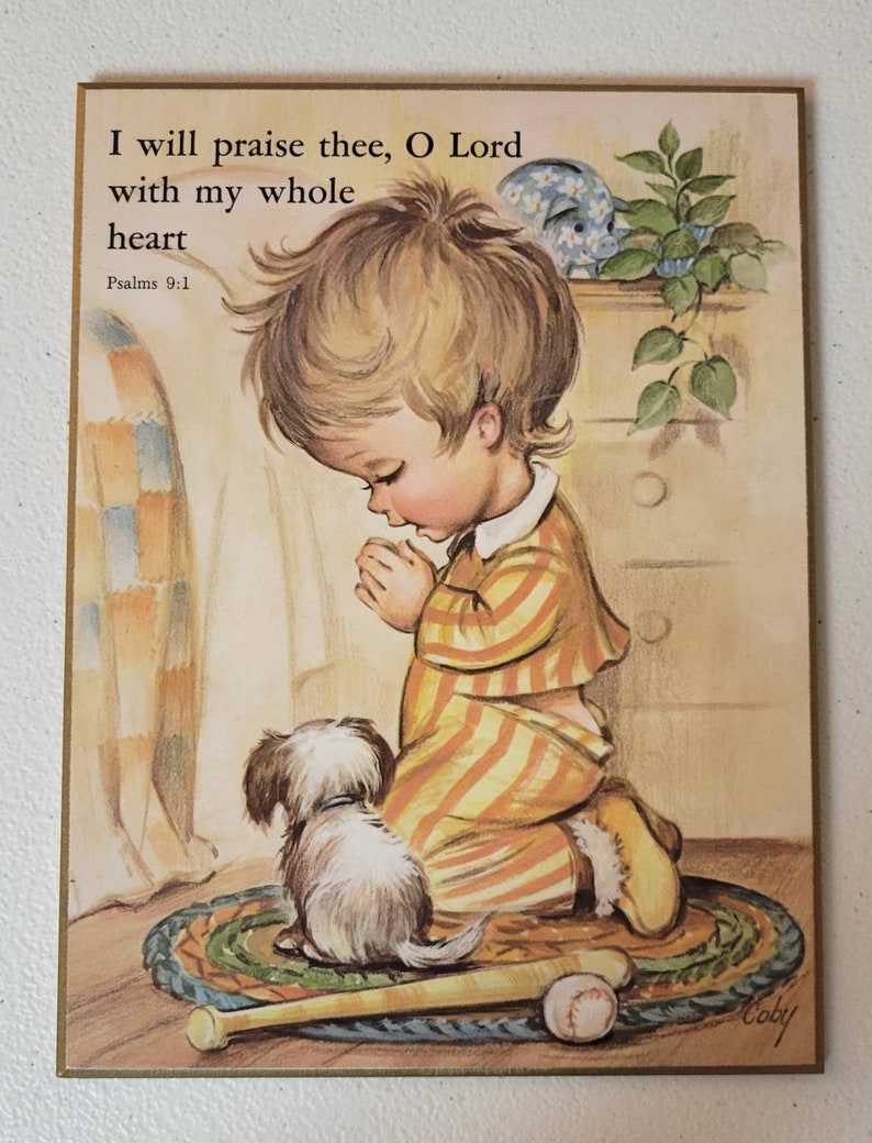 Vintage Coby Print Little Boy Praying With Dog Psalms 9:1 6x8 Plastic ...