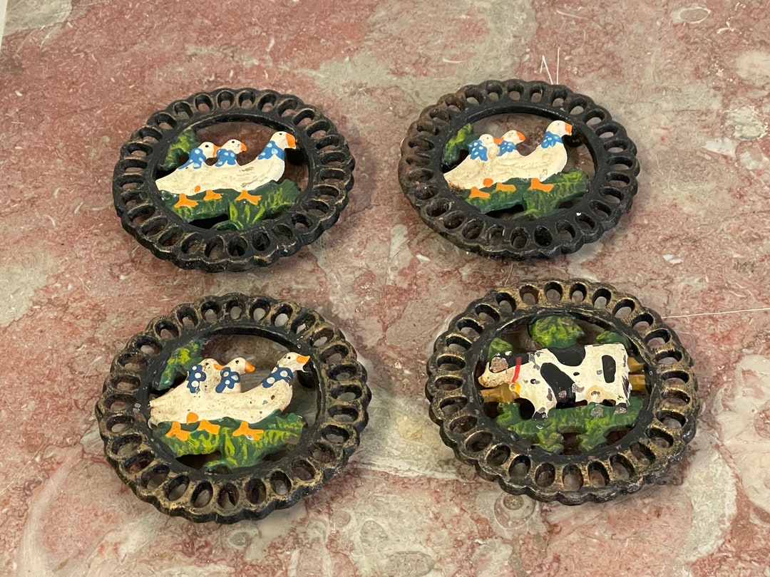 Set/4 Cast Iron Metal Coasters Coasters With Geese, Ducks and Cows. 9.5 ...