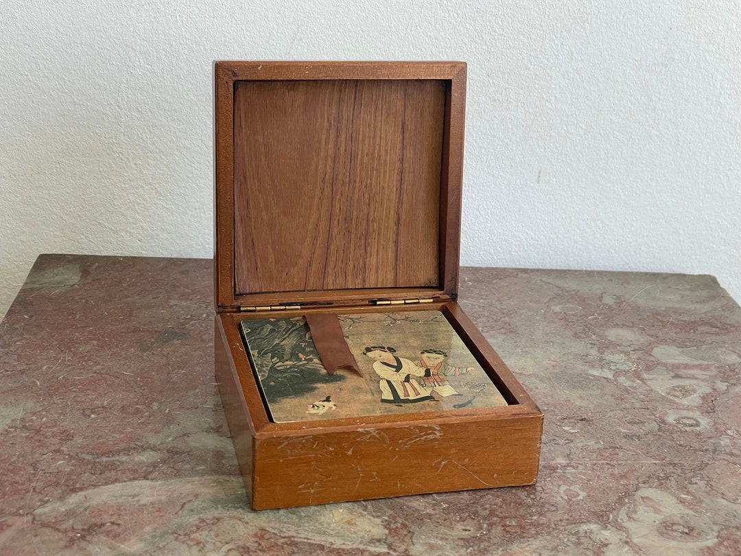 Wooden Japanese Box With 6 Coasters Box 11.5x11.5 Cm/ Coasters 9.5x9.5 ...