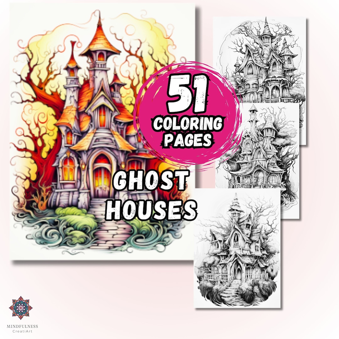 Haunted House Coloring, Ghost Coloring Book, Whimsical Houses Coloring ...