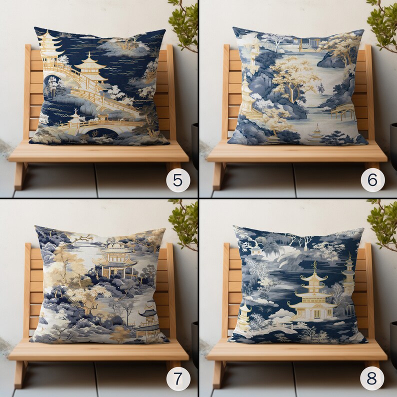 Japandi Chinoiserie Throw Pillows in Indigo Blue and White With Gold ...