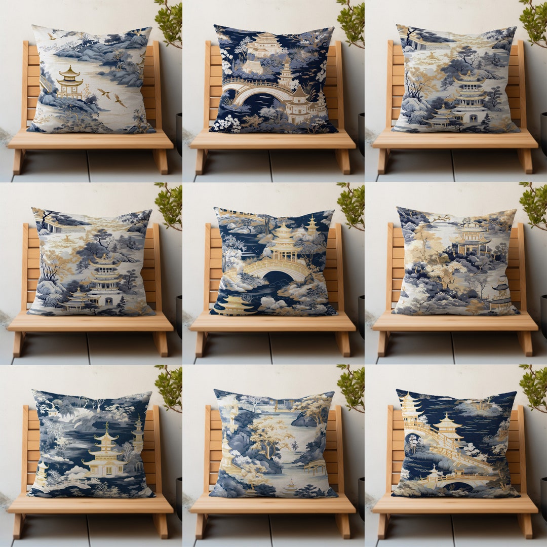Japandi Chinoiserie Throw Pillows in Indigo Blue and White With Gold ...