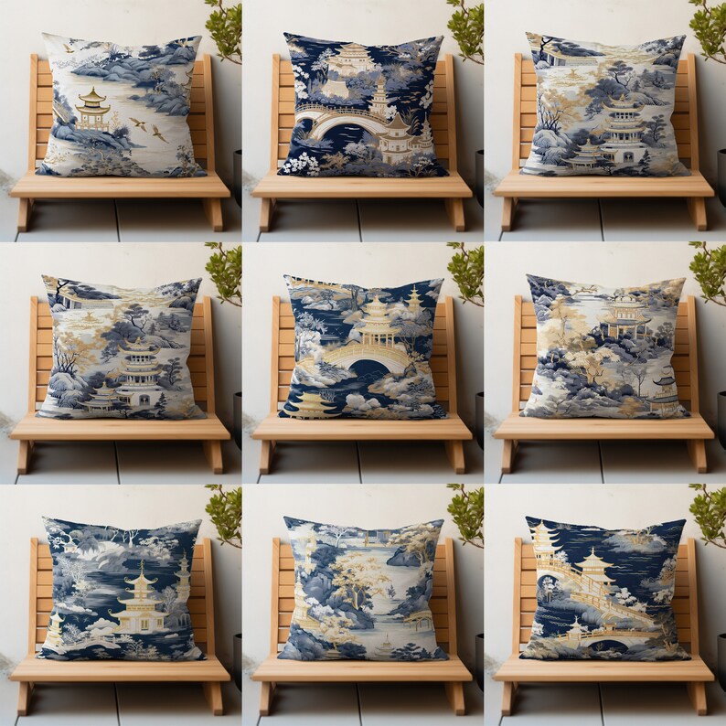 Japandi Chinoiserie Throw Pillows in Indigo Blue and White With Gold ...
