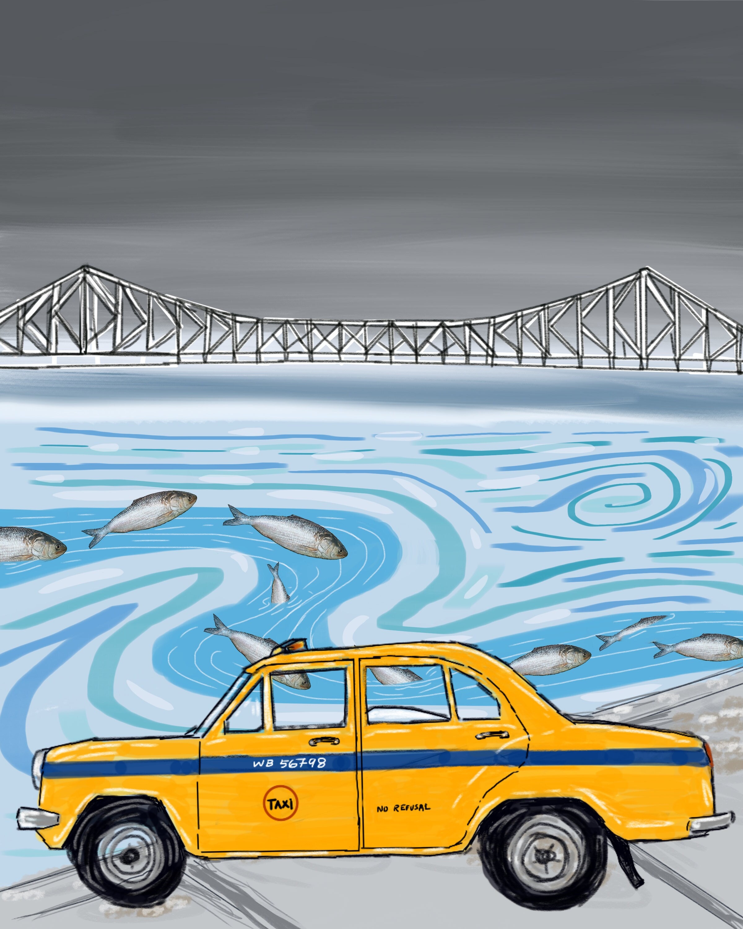 PRINTABLE Digital Art Cityscape Art Print, Kolkata Fish Taxi Cab Howrah ...