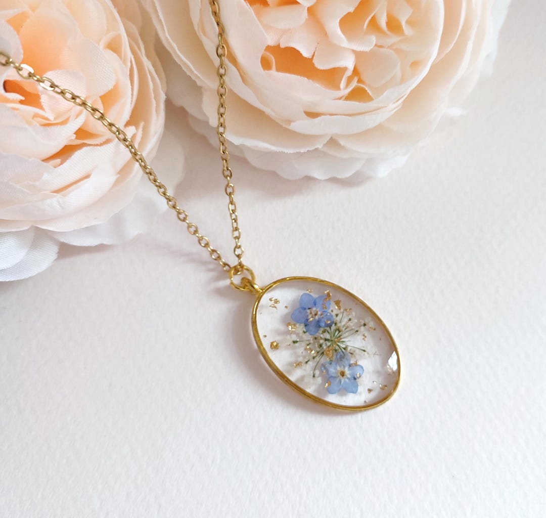 Agatha Necklace/gold Stainless Steel Chain/dried Forget-me-not Flower ...