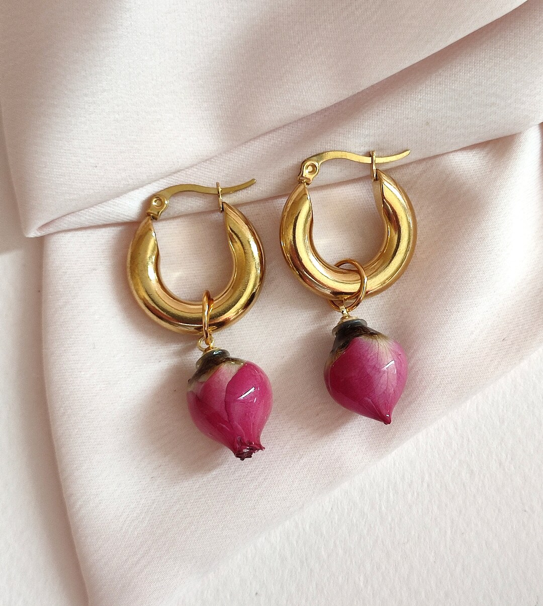 Earrings PINK Real Flowers/golden Hoop Earrings Stainless Steel/dried ...