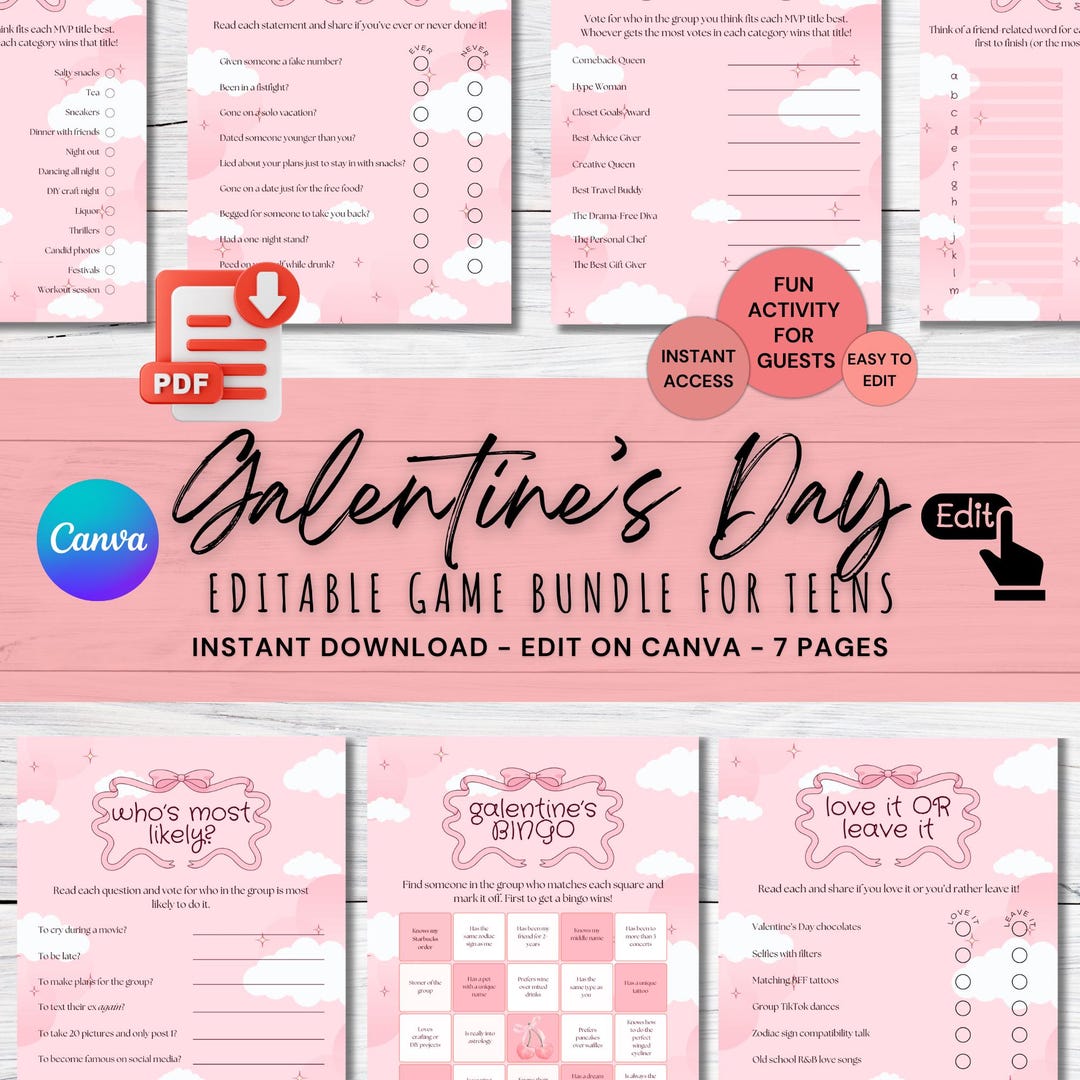 Teen Galentine's Day Game Bundle, Editable Canva Party Games (digital ...