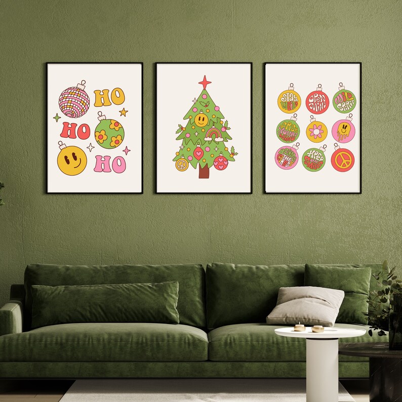 Gallery Set of 3 Christmas Wall Art, Retro Christmas Art, Groovy ...
