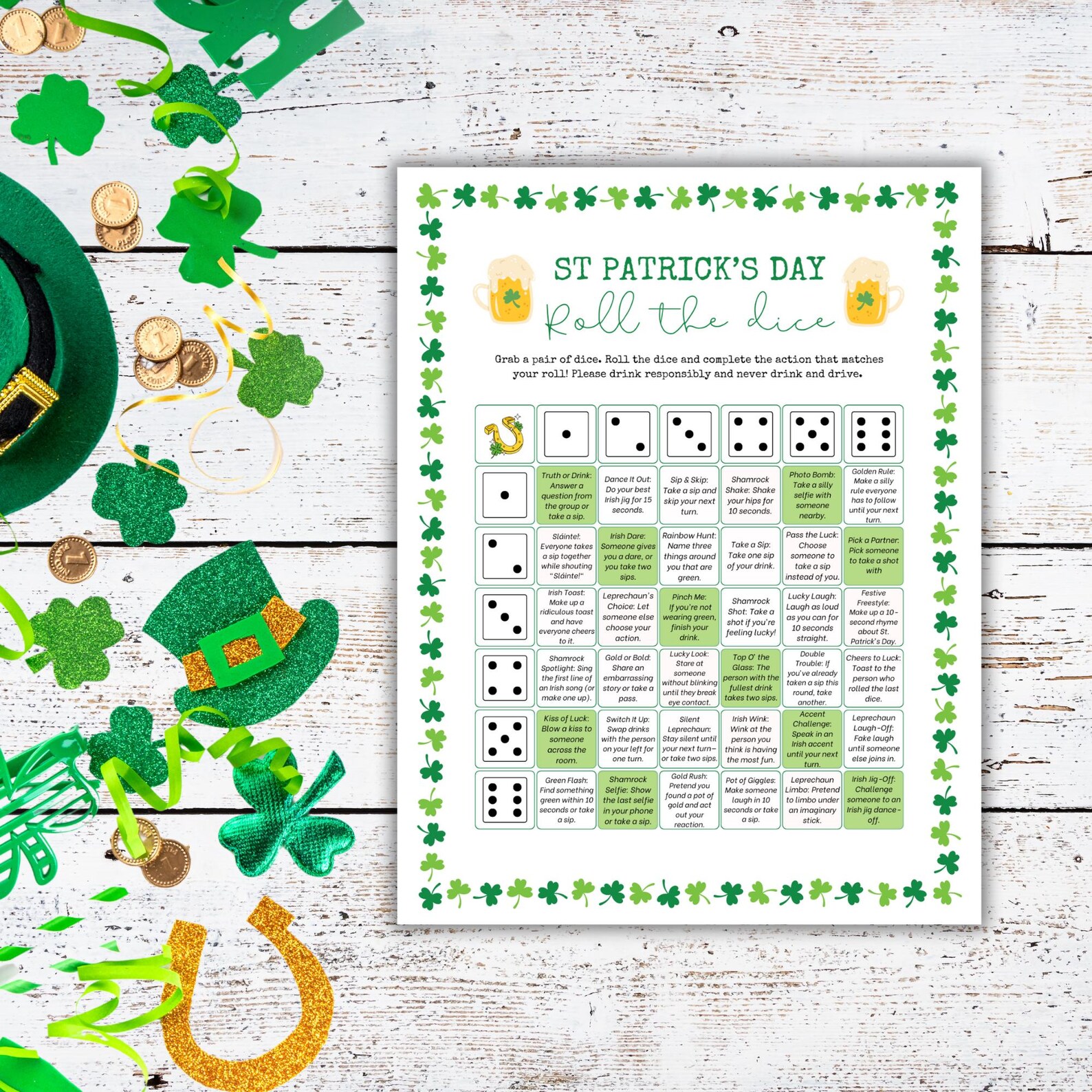 St Patrick's Day Drinking Game: Roll the Dice Printable (adult) - Etsy