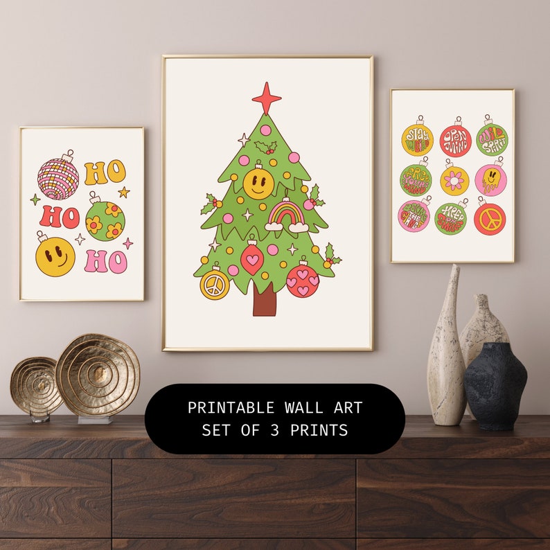 Gallery Set of 3 Christmas Wall Art, Retro Christmas Art, Groovy ...