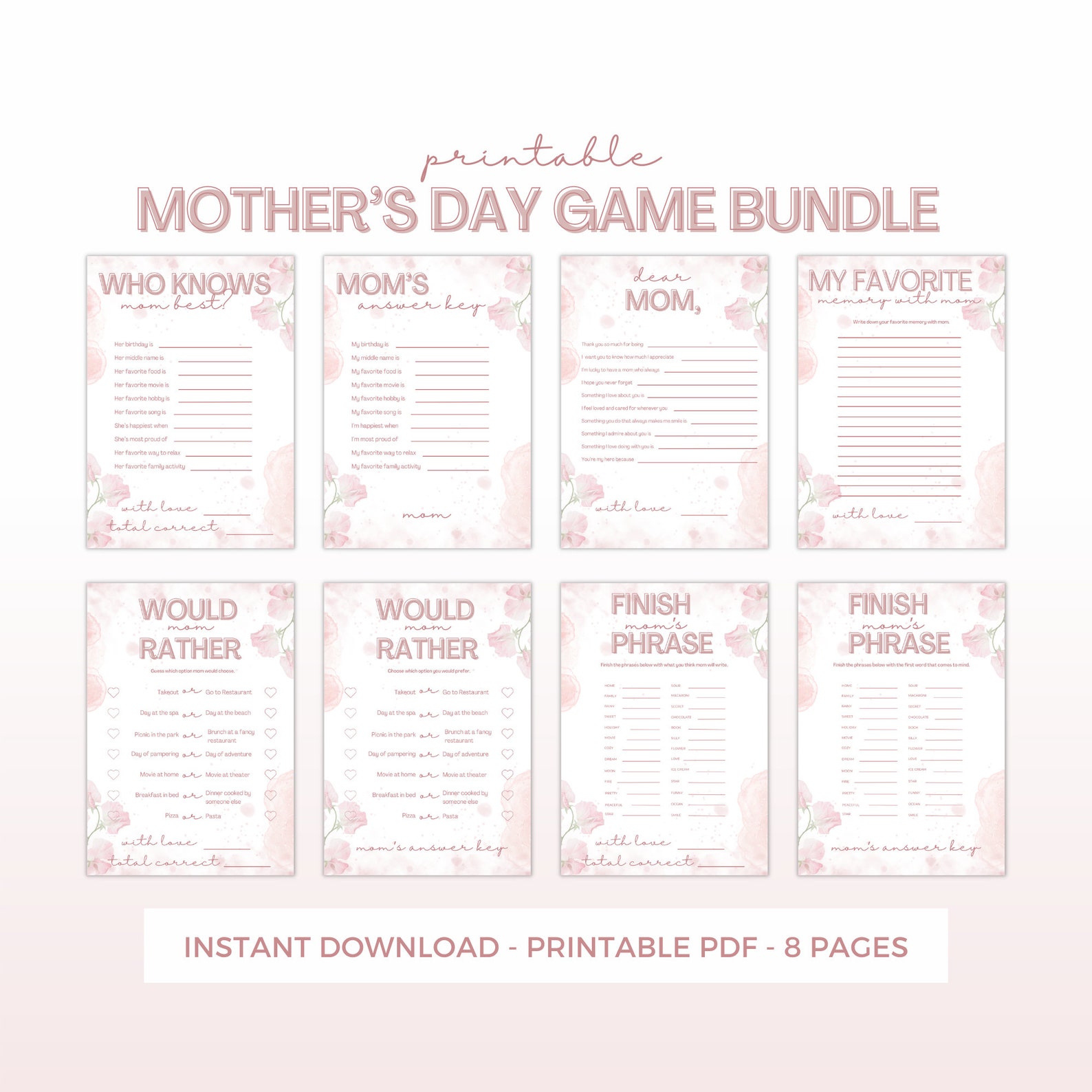 Mother's Day Game Bundle Printable Mother's Day Party Games Mother's ...