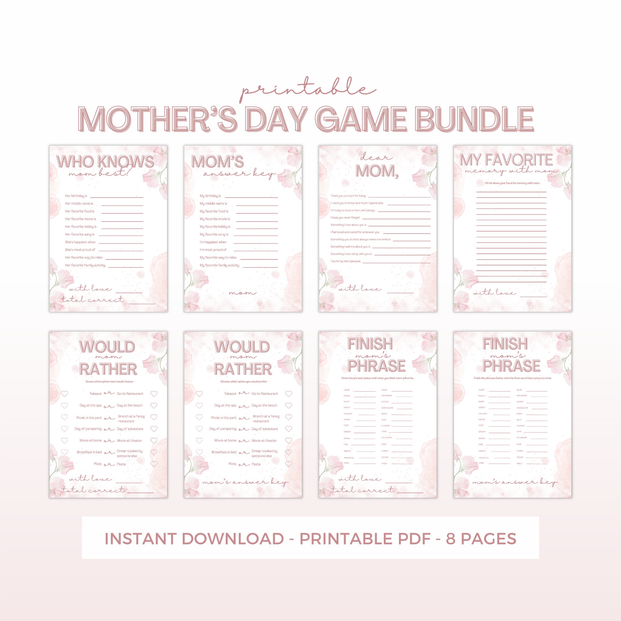 Mother's Day Game Bundle Printable Mother's Day Party Games Mother's ...