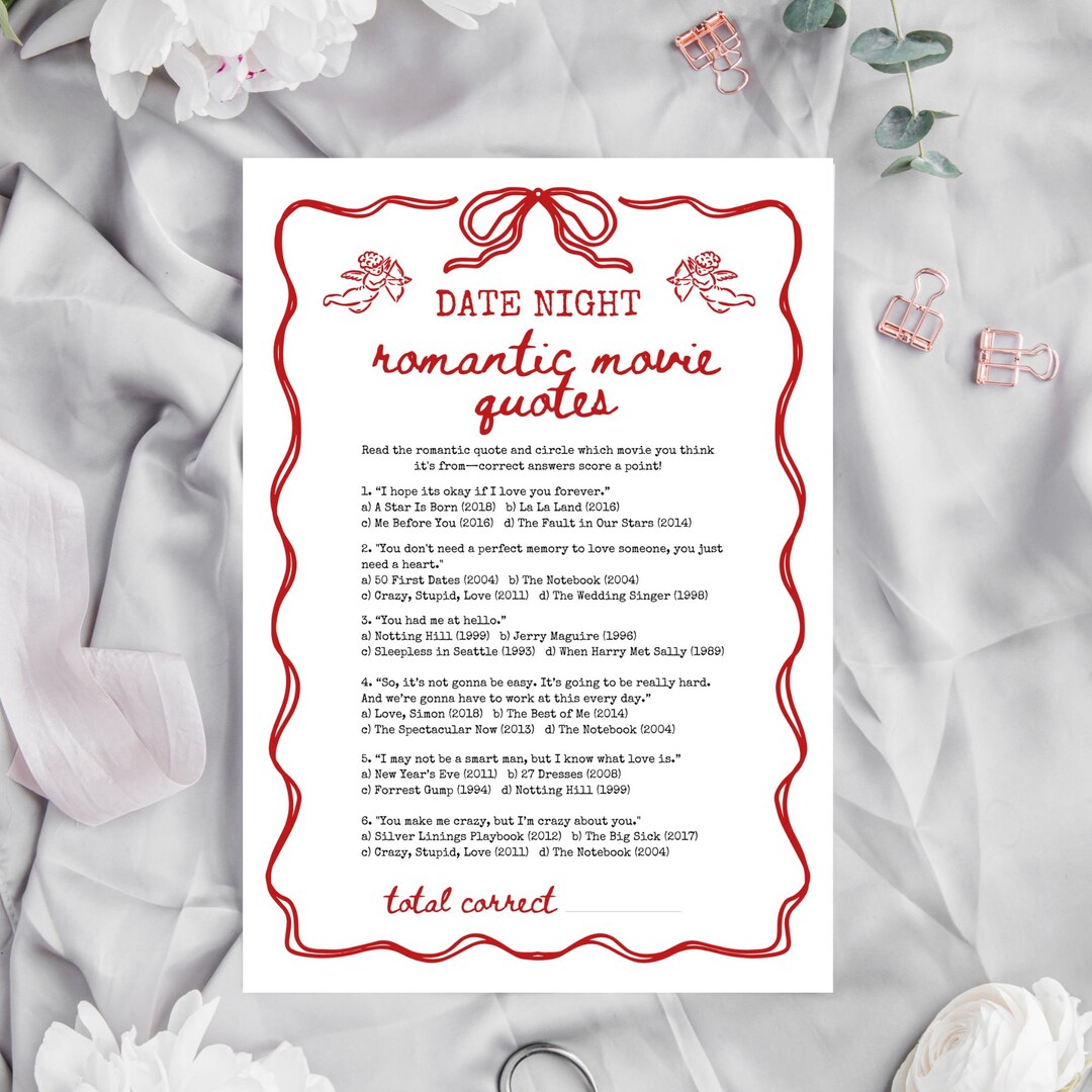 Romantic Movie Trivia Game Date Night Printable Valentines Day Games ...