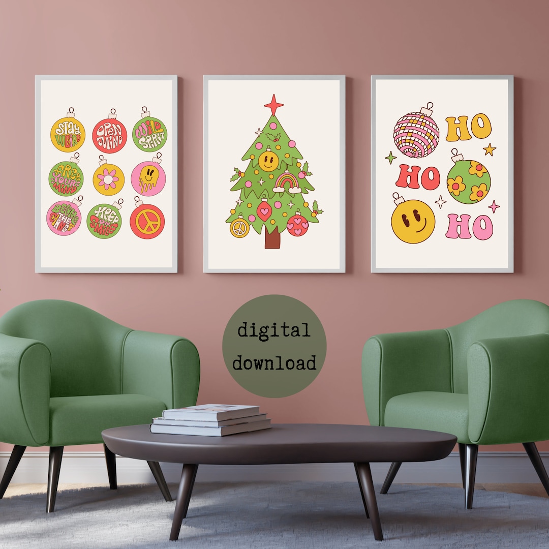 Gallery Set of 3 Christmas Wall Art, Retro Christmas Art, Groovy ...