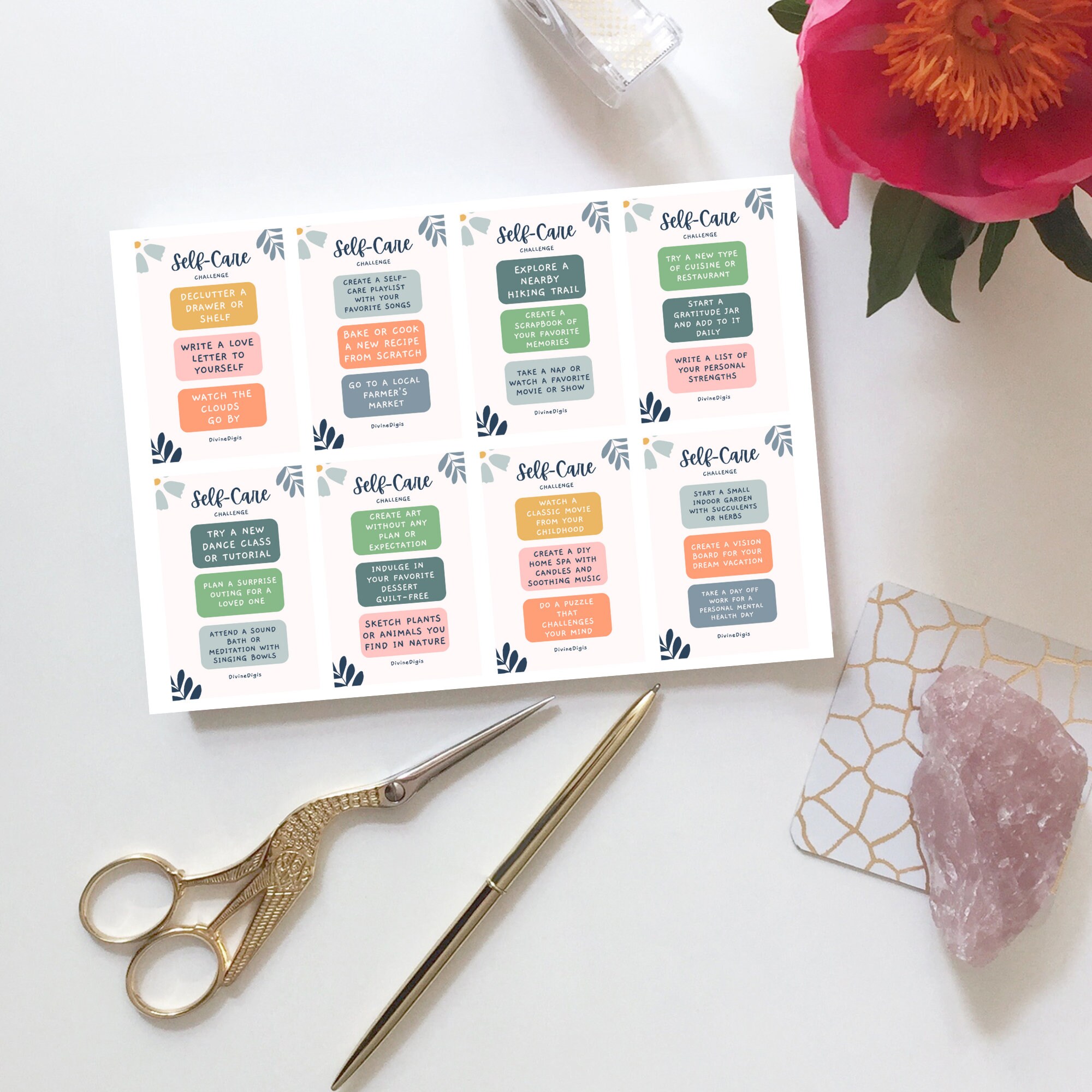 Self Care Printable 30 Day Challenge Cards | Self-love & Wellness ...