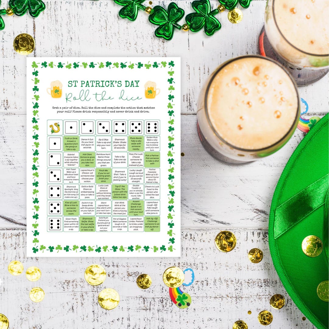 St Patrick's Day Drinking Game: Roll the Dice Printable (adult) - Etsy