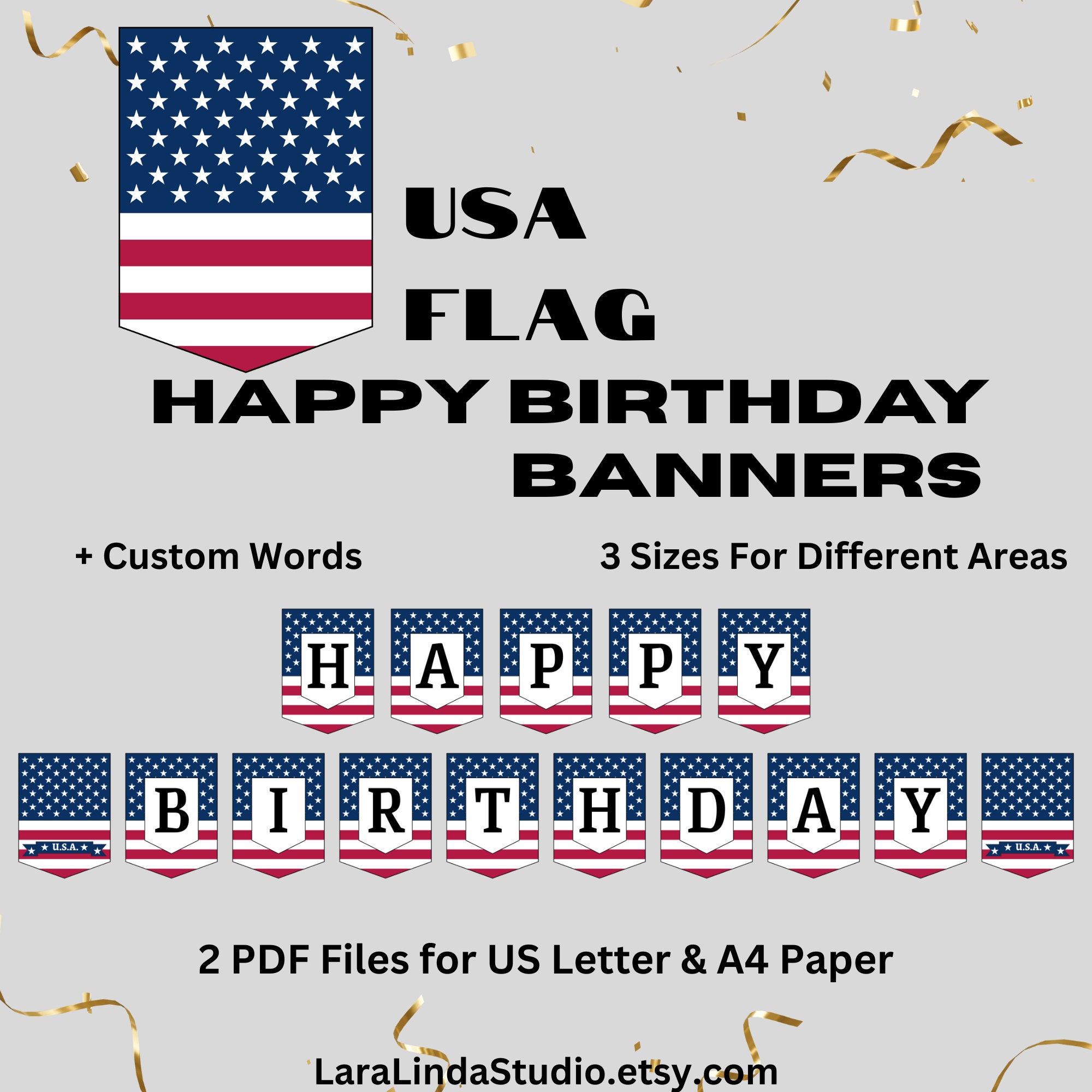 Happy Birthday Banner USA Flag Themed Birthday With Custom Words in 3 ...