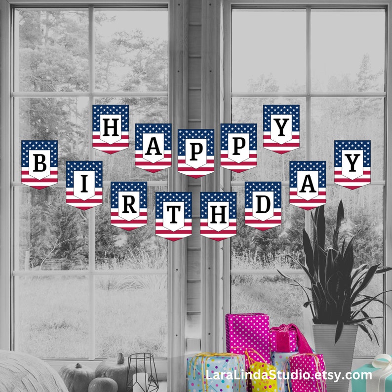 Happy Birthday Banner USA Flag Themed Birthday With Custom Words in 3 ...