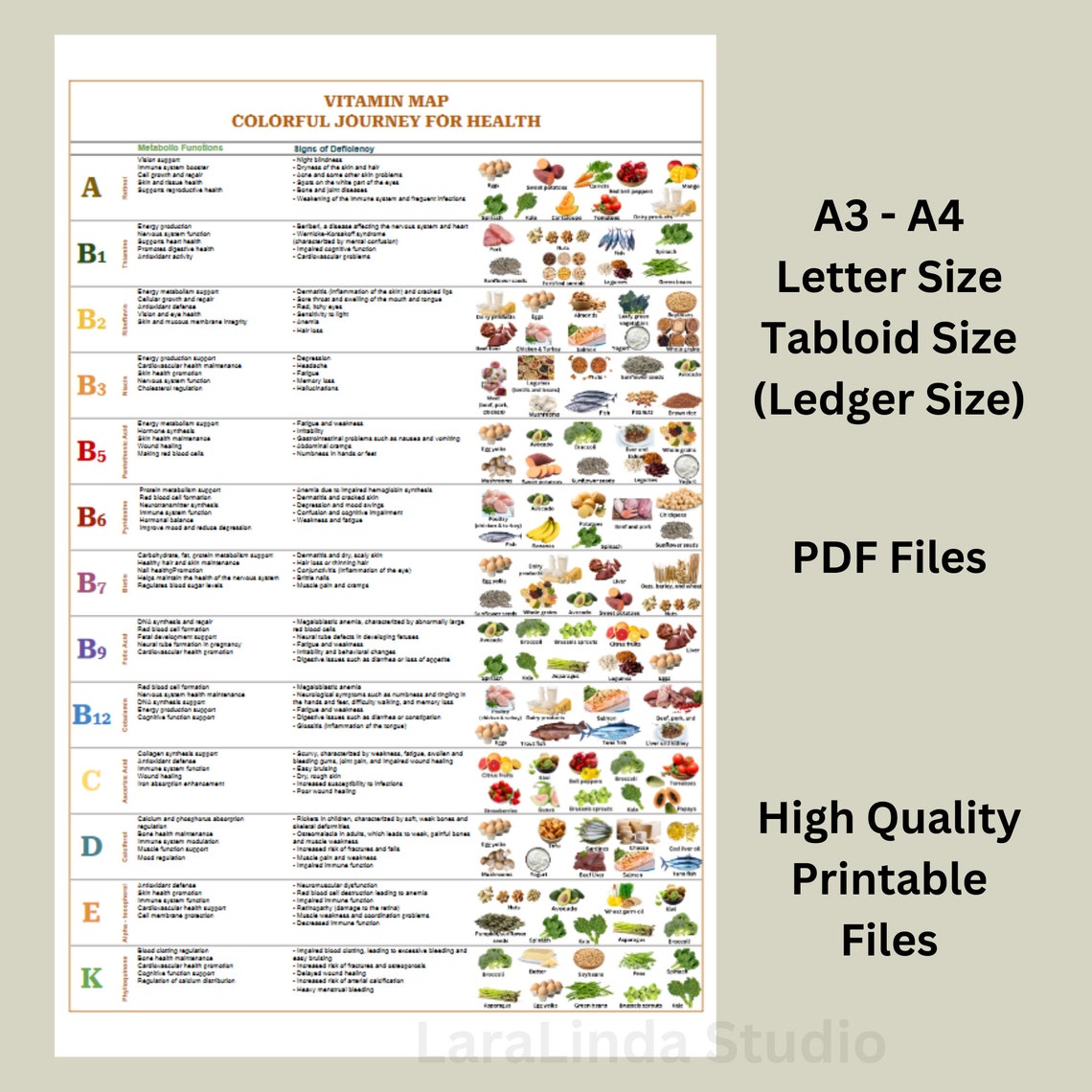 13 Vitamins List With Healthy Fooods Vitamin Printable Poster PDF Files ...