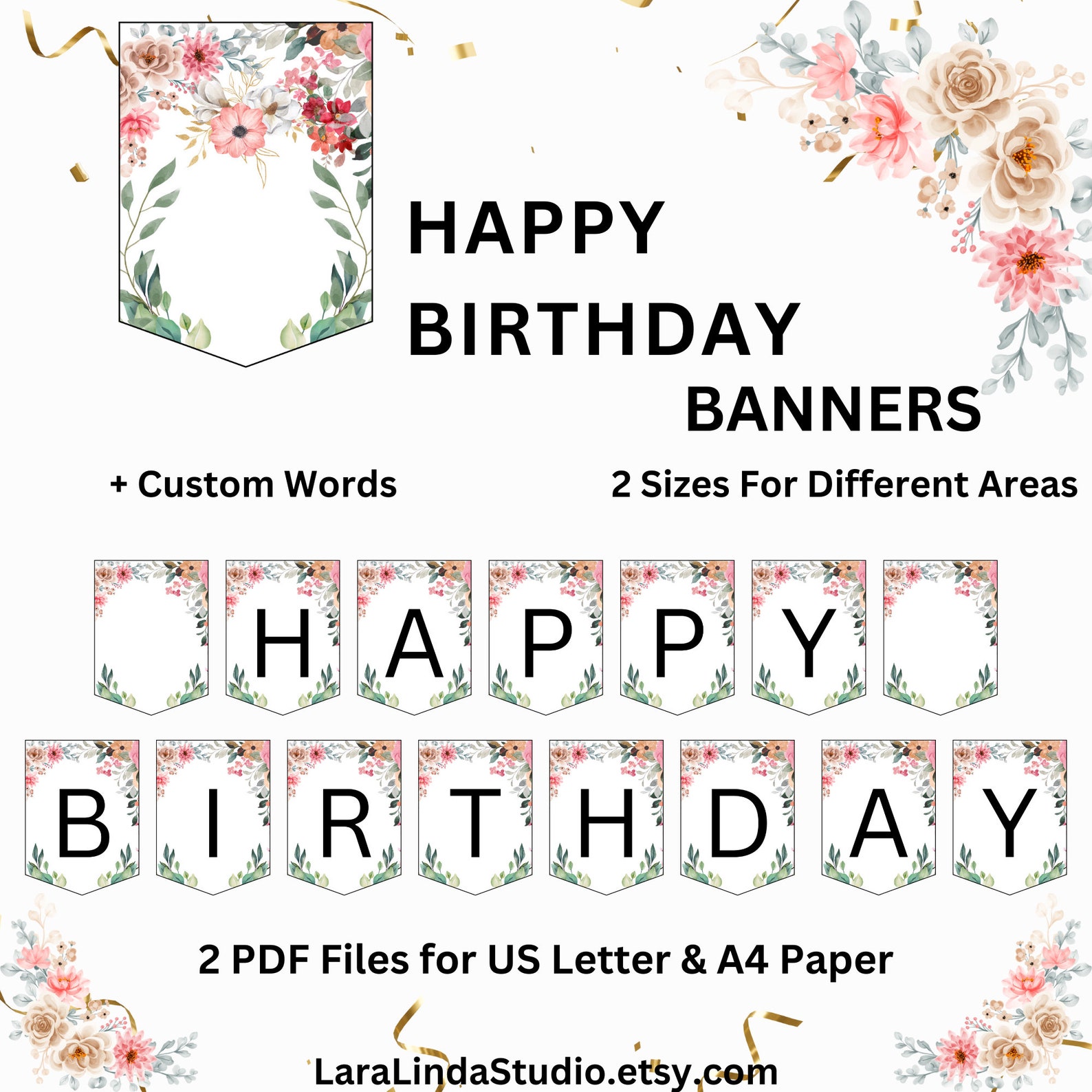Happy Birthday Banner Floral Themed Birthday Decor With Custom Words in ...