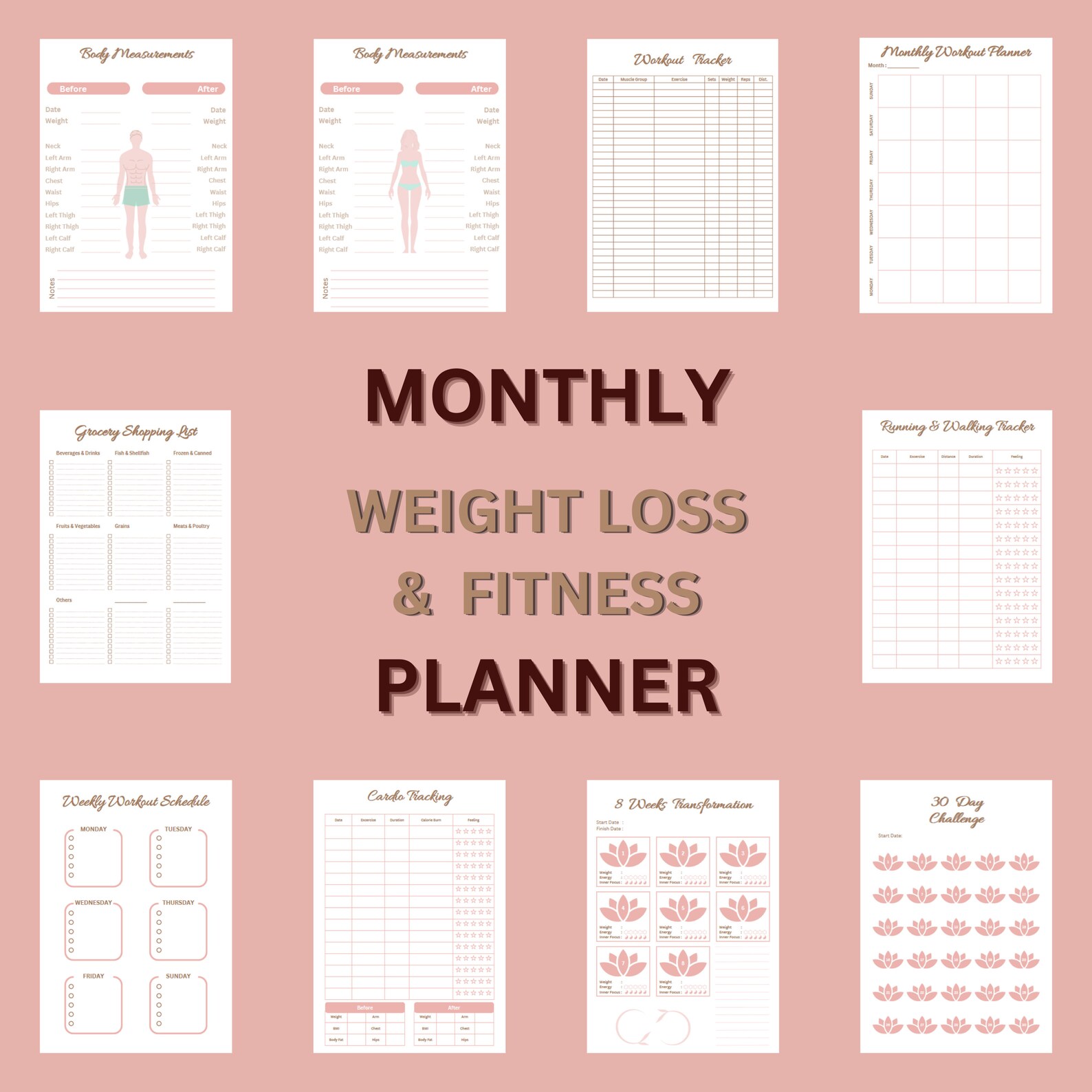 Monthly Weight Loss Tracker Weekly Fitness Planner Wellness & Fitness ...