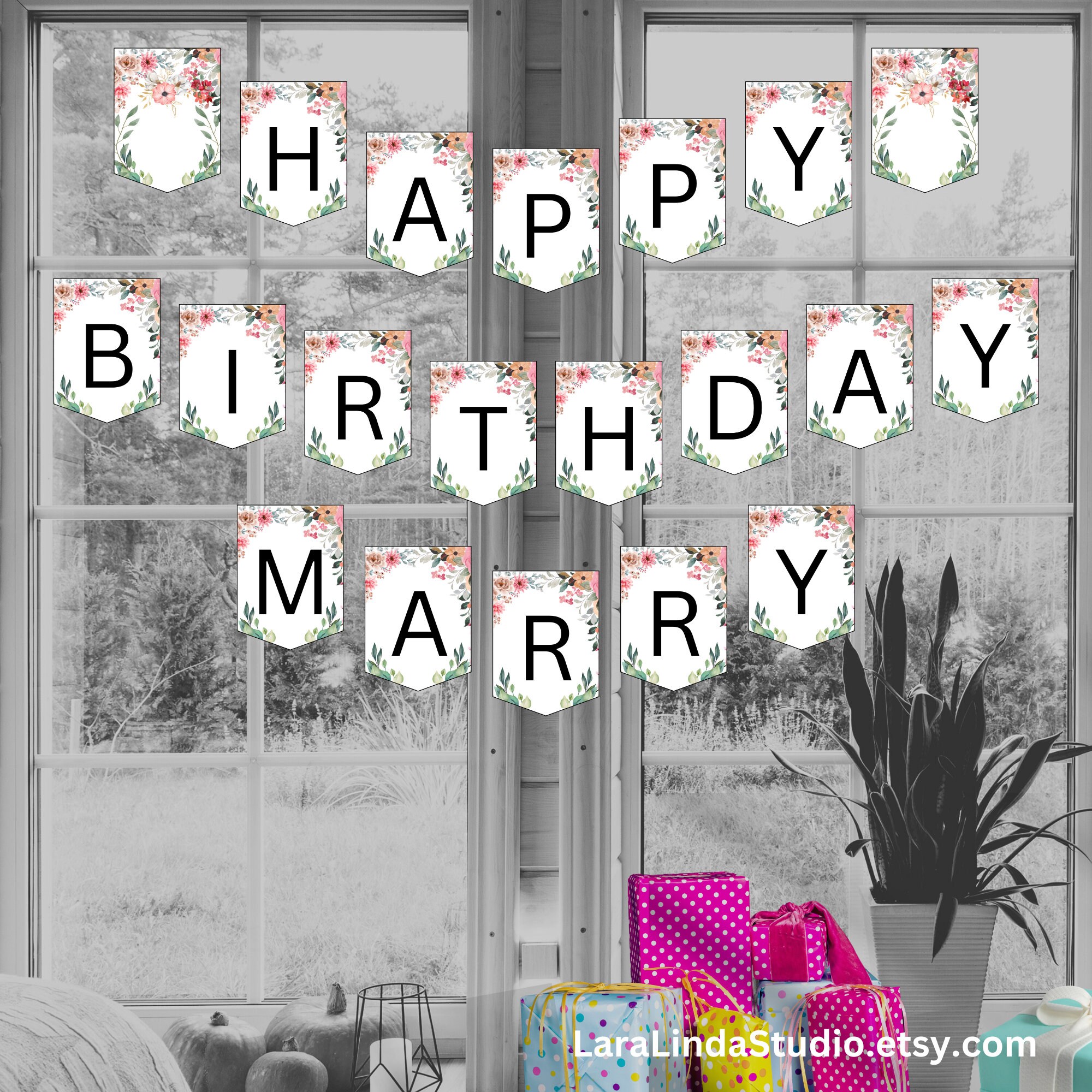 Happy Birthday Banner Floral Themed Birthday Decor With Custom Words in ...