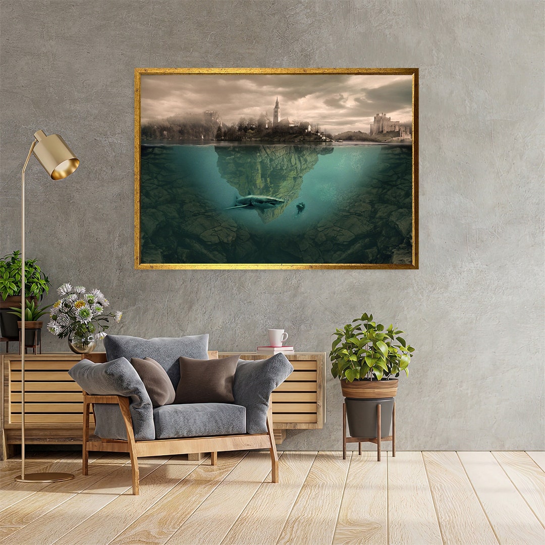 Surreal Canvas Wall Art, City and Sea Manipulation Canvas Print, Shark ...