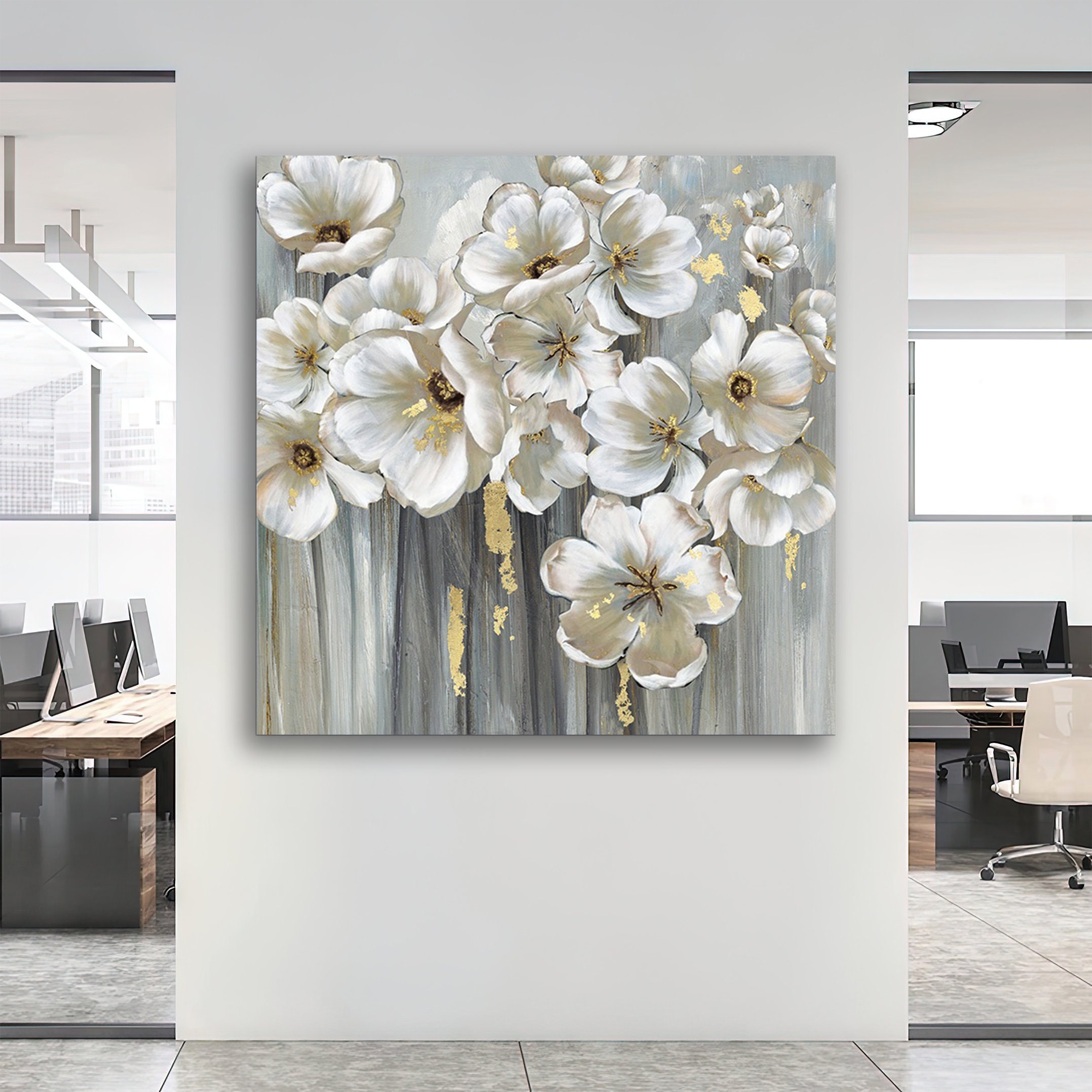 White Flowers Canvas Wall Art, Abstract Flowers Canvas Print, Square ...