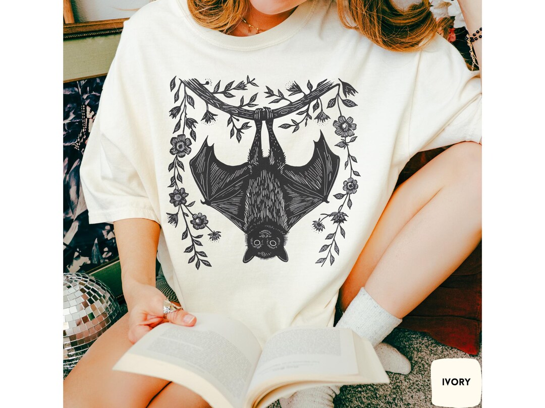 Floral Bat Woodprint Style Shirt, Floral Fall Bat Cottagecore Shirt ...