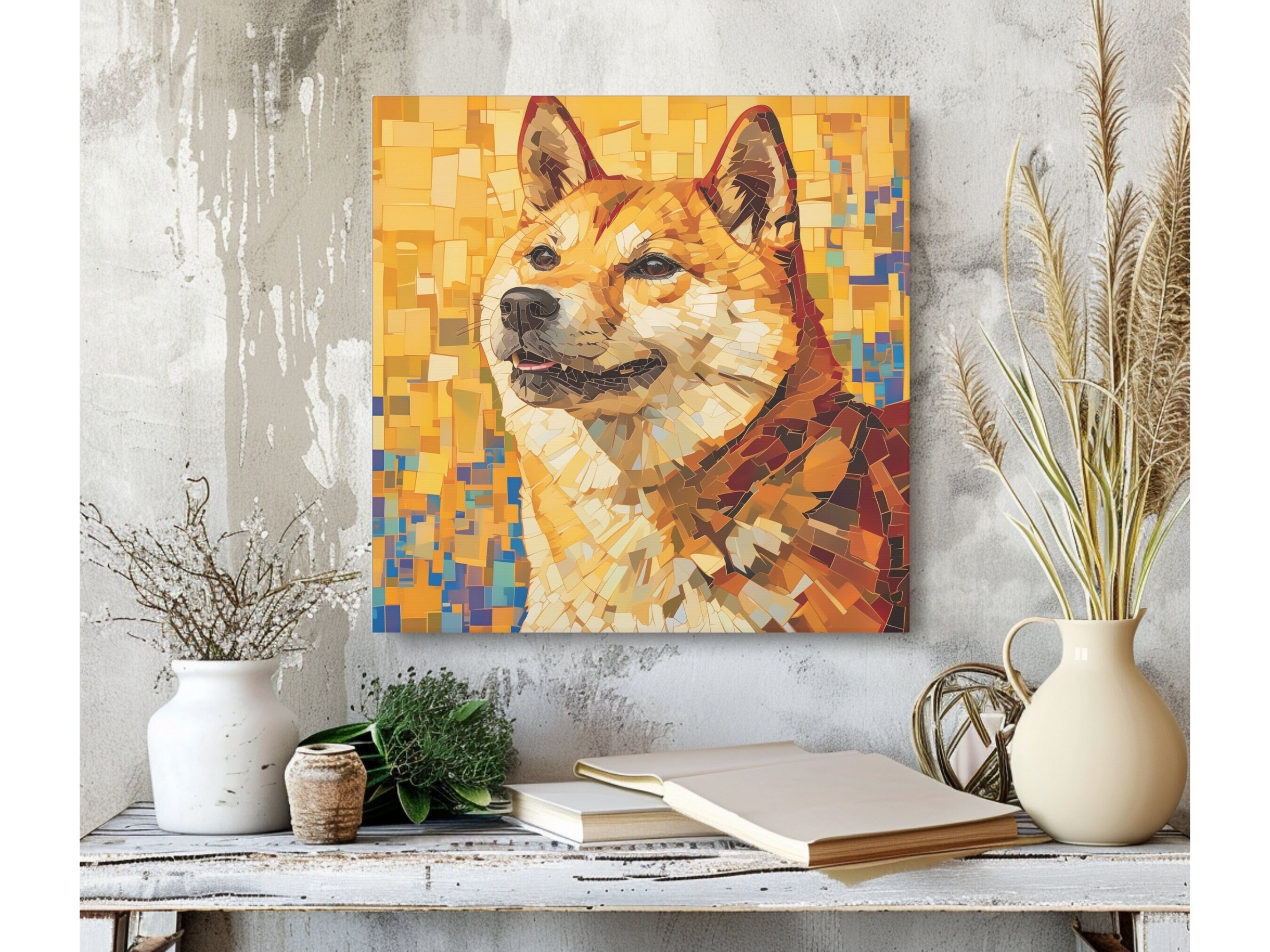 Shiba Inu Mosaic Style Painting Imitation on Canvas, Shiba Inu Dog Art ...