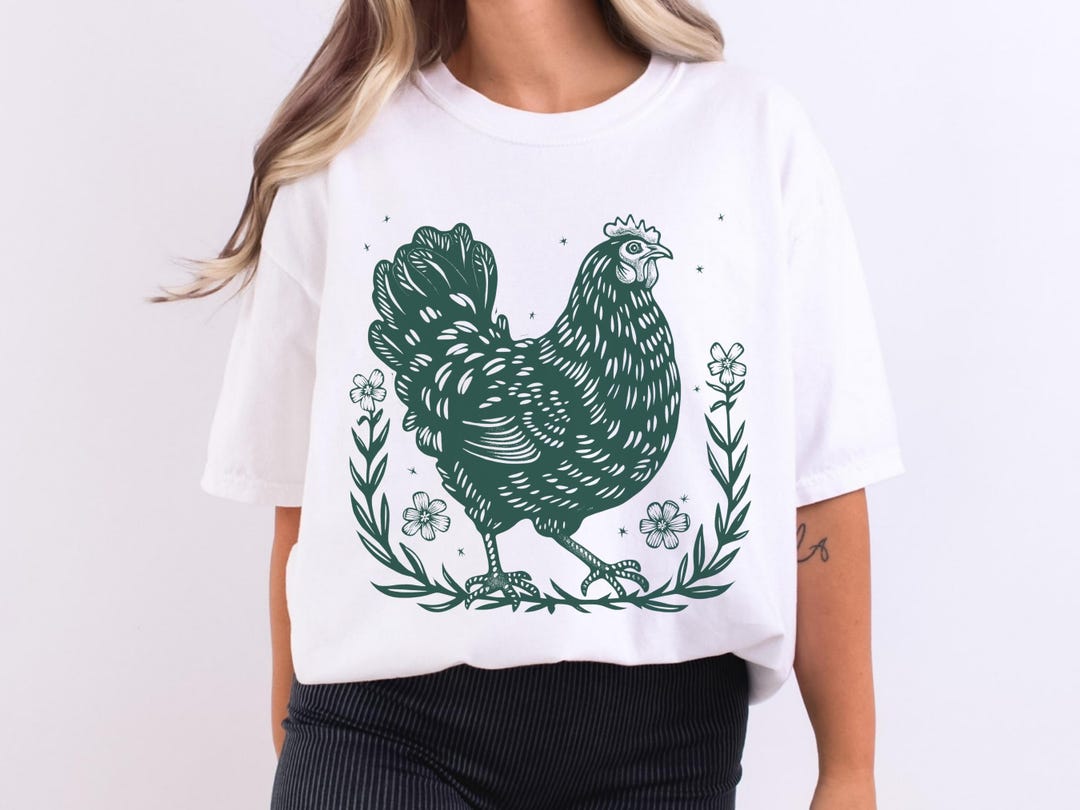 Wildflower Chicken Woodblock Style Tee, Country Chicken Shirt, Boho ...