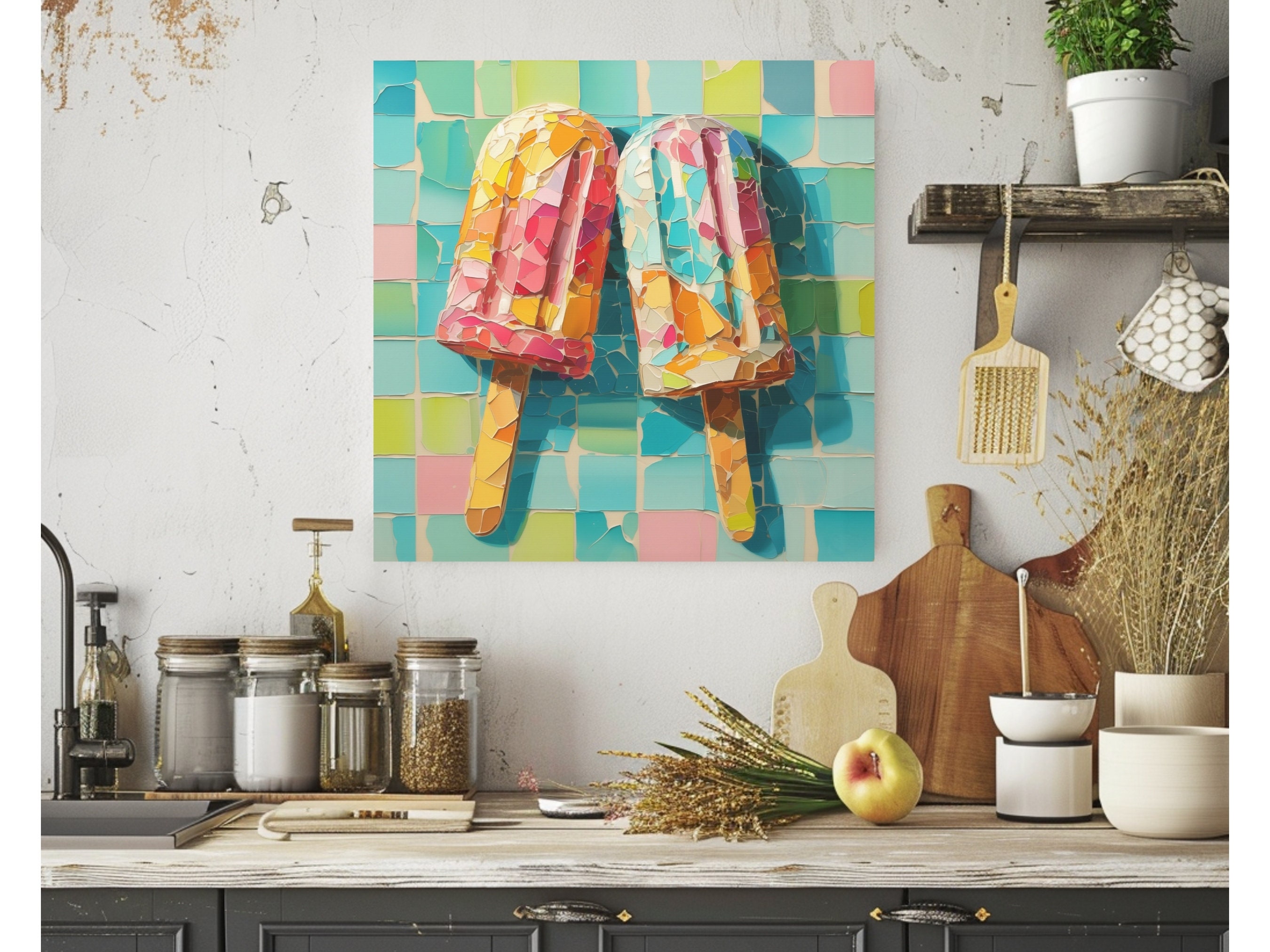 Colorful Summer Popsicles, Mosaic Style Painting, Summer Decor, Foodie ...