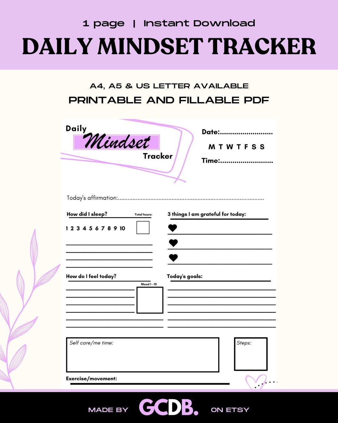 Daily Mindset Wellness Tracker | Printable + Fillable PDF ...