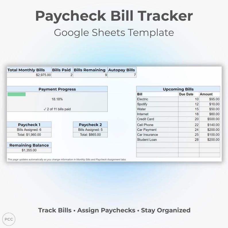 Paycheck Bill Tracker Spreadsheet | Monthly Bill Organizer | Google ...