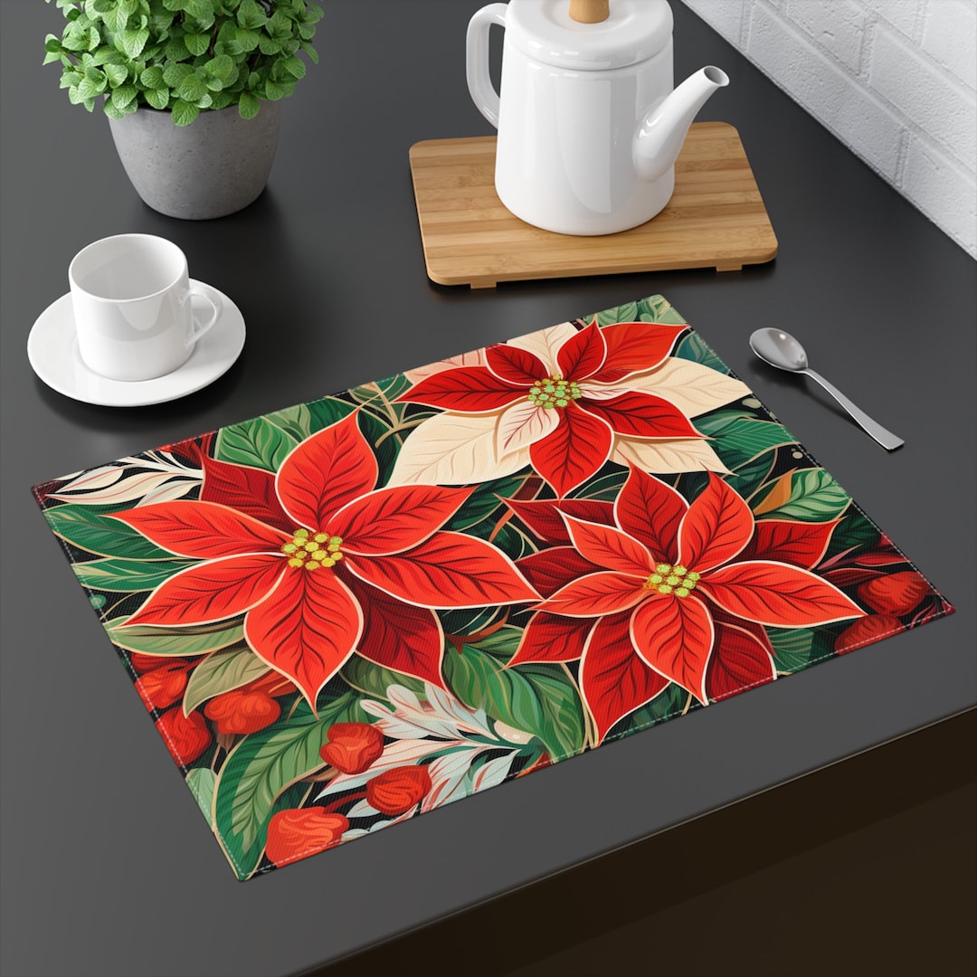 Poinsettia Floral Christmas Placemat Winter Placemat Christmas Decor ...