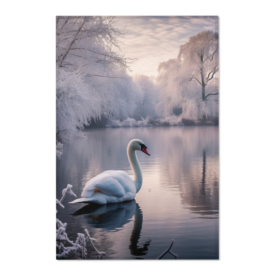 Swan on a Frozen Pond Area Rug Winter Themed Rug Winter Rug Salon Rug ...