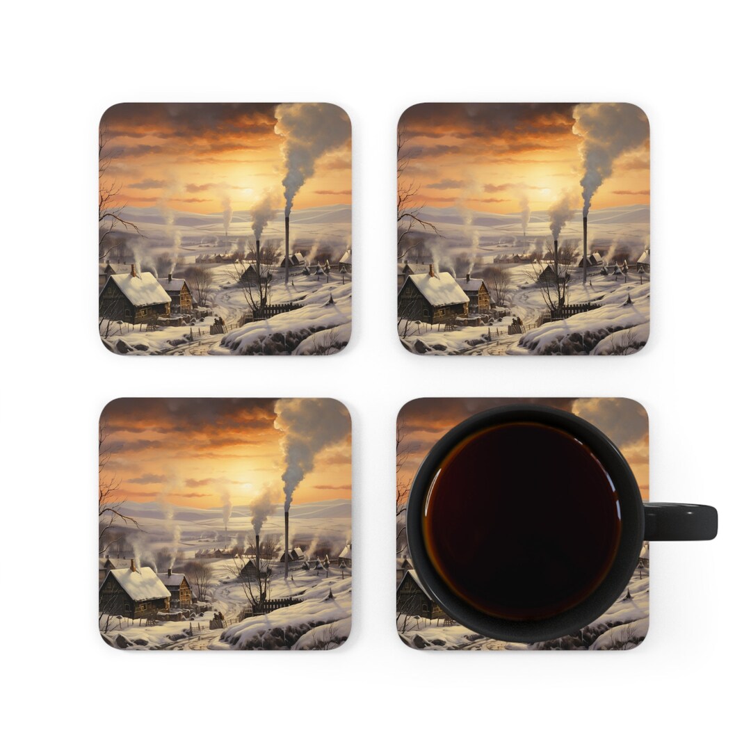 Winter Village Scene Coffee Coasters Set of 4 Winter Themed - Etsy