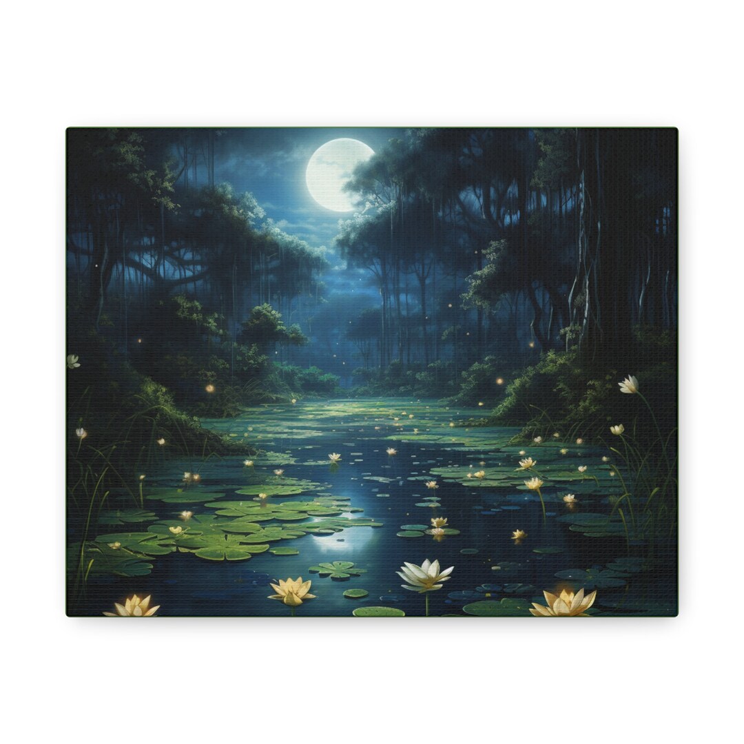 Moonlit Swamp Nature Scenic Landscape Floral Botanic Oil Painting ...
