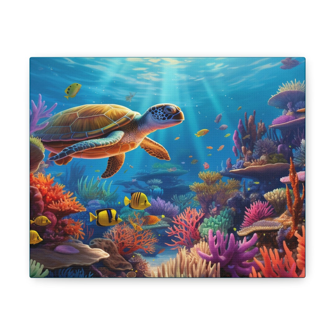 Sea Turtle Canvas Wall Art Underwater Fishes Coral Reefs Colorful ...