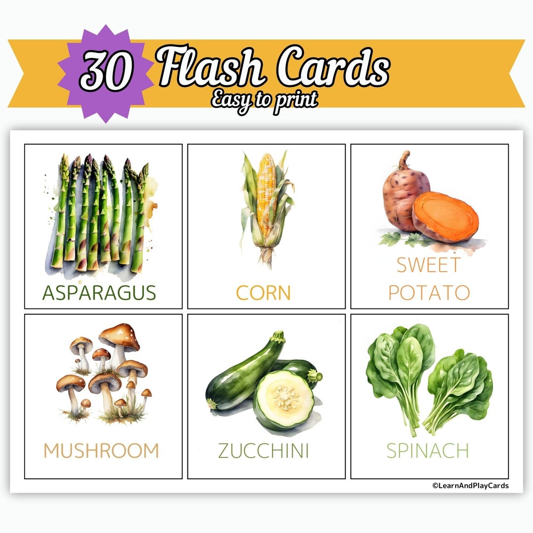 30 Vegetable Flash Cards, Early Learning, Educational Printable Cards ...