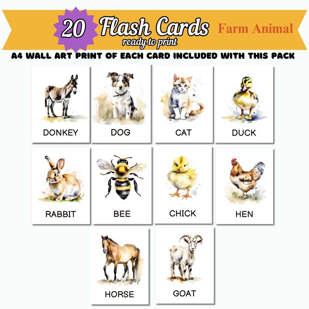 20 Watercolor Farm Animal Flash Cards Early Learning, Montessori ...